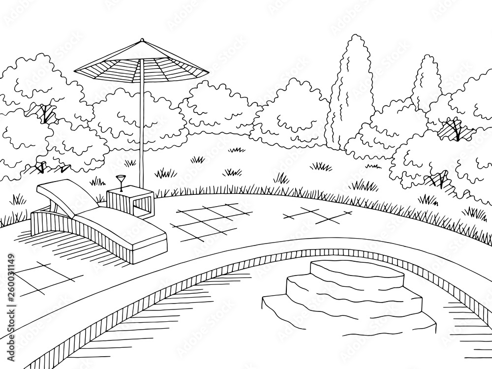 Swimming pool graphic black white landscape sketch illustration vector ...