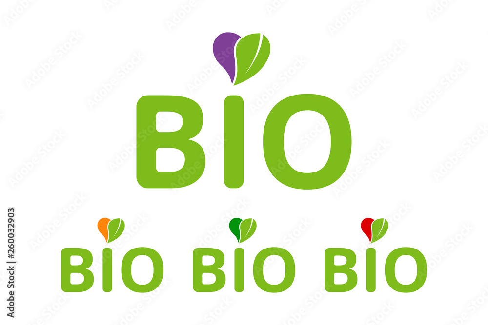 Flat colorful Bio logo emblem vector set, heart with green organic ...