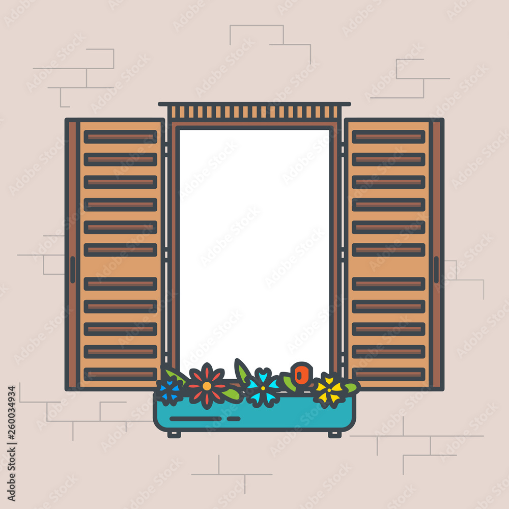 Open window frame. Line style vector illustration. Retro design style ...