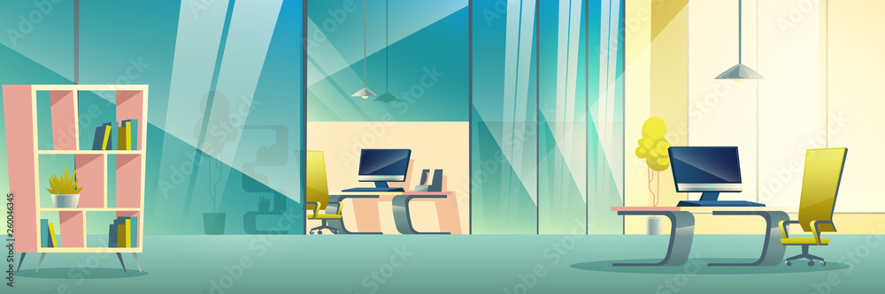 Modern company spacious office interior cartoon vector. Boss, business ...