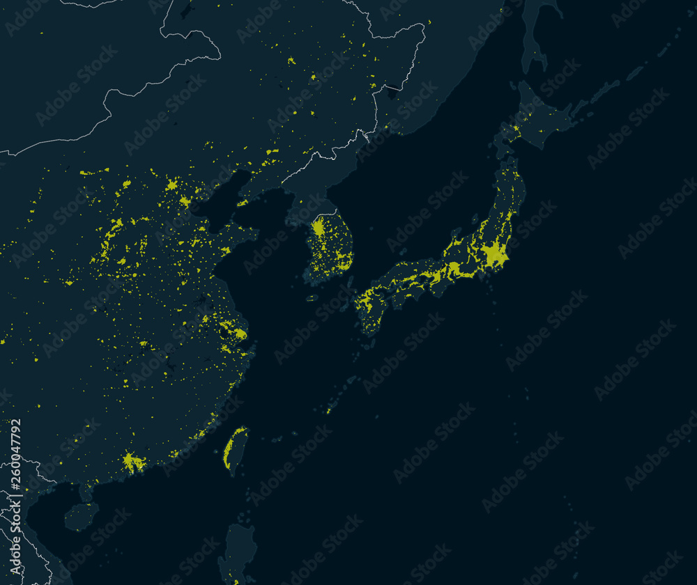 World map, planisphere with prominent urban areas. Night view of the ...
