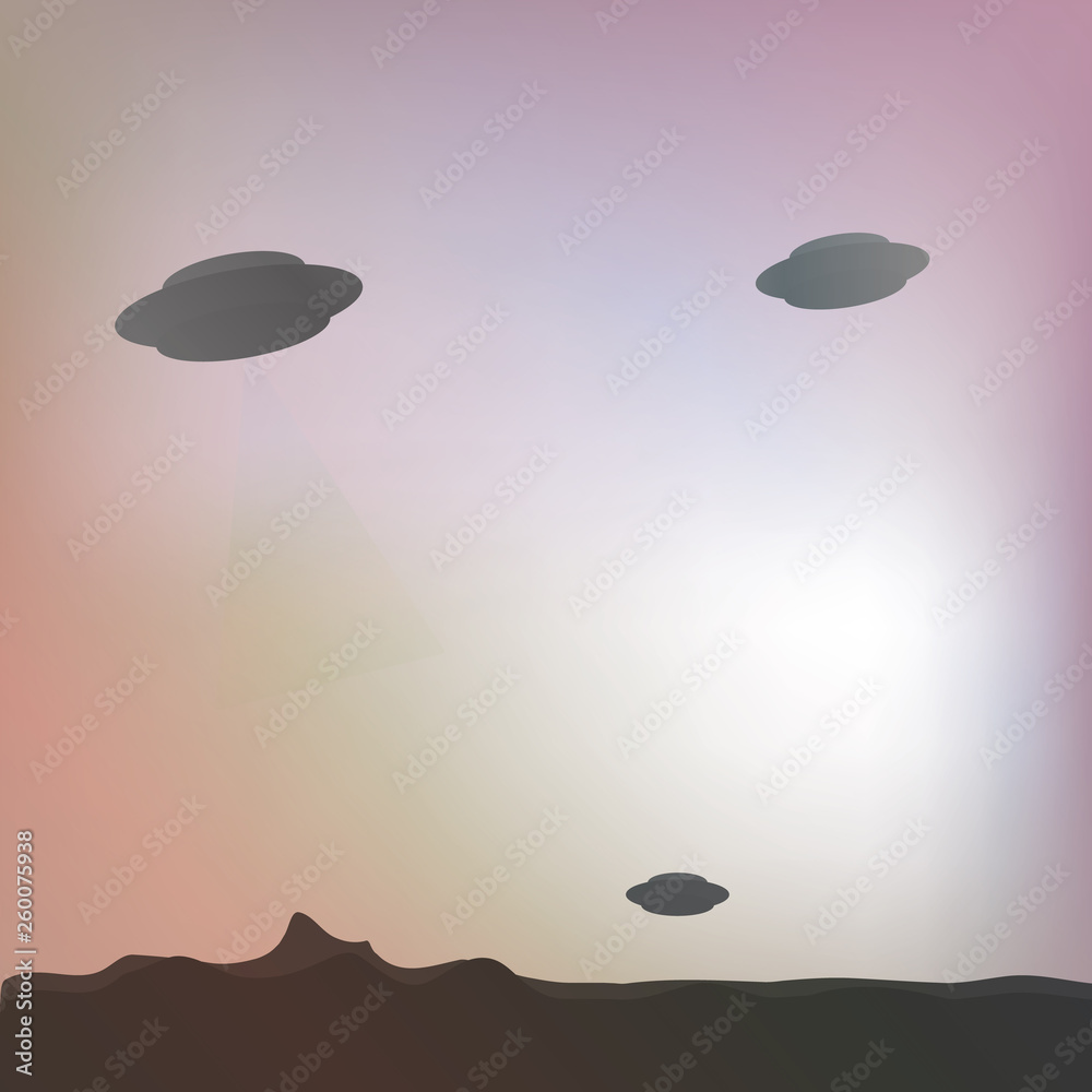 Flying saucers or unidentified flying objects (UFO), hover above the ...