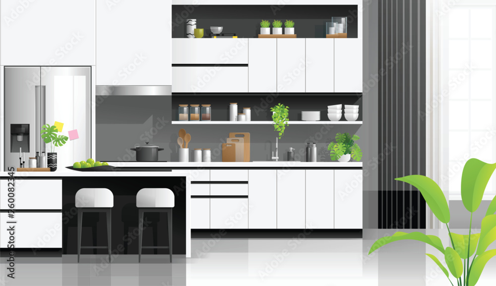 Interior background with modern black and white kitchen , vector ...