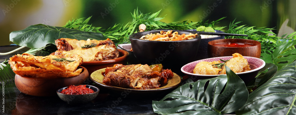 Assorted Chinese food set. Chinese noodles, fried rice, peking duck ...