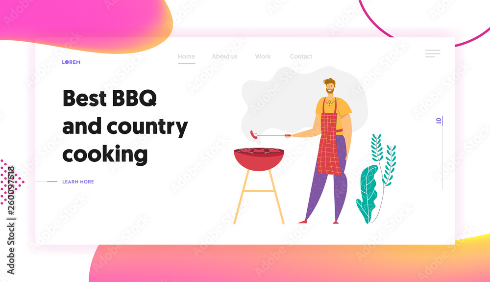 Happy Man Cooking BBQ Landing Page. Male Character Cook Grill Meat ...