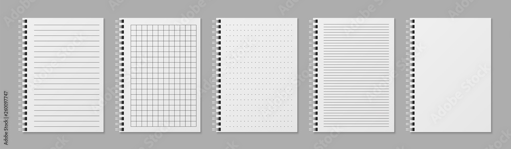 Realistic line notobooks. Blank padded sketchbook with dots and lines for writing vector ...