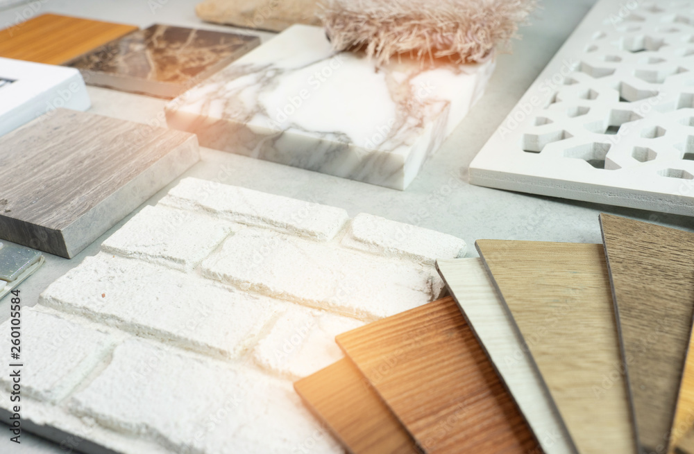 Samples of material, wood , on concrete table.Interior design select ...