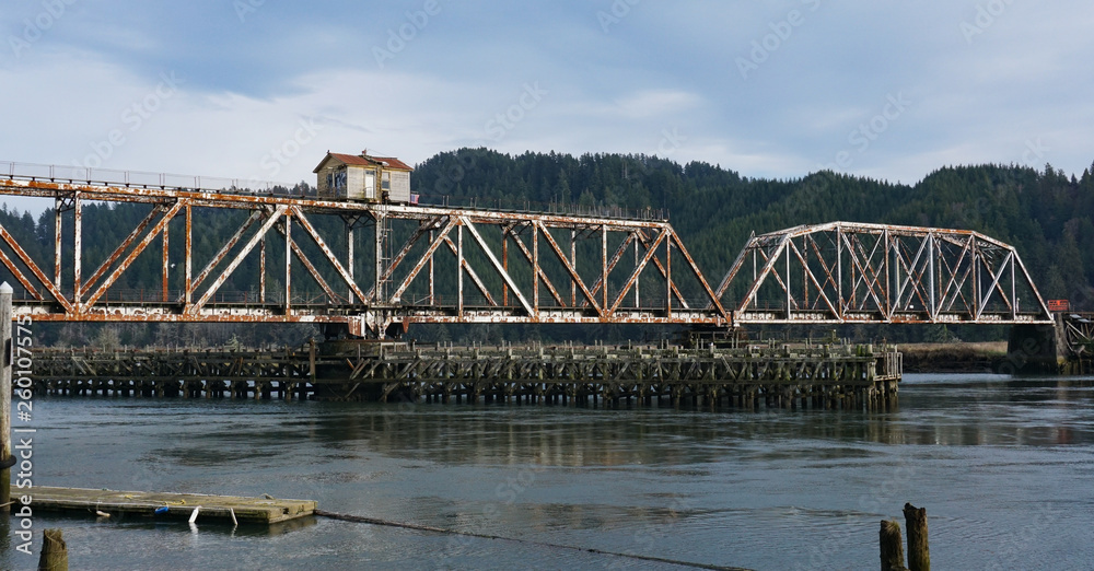 Two sections of the Cushman swing span railroad bridge across the ...
