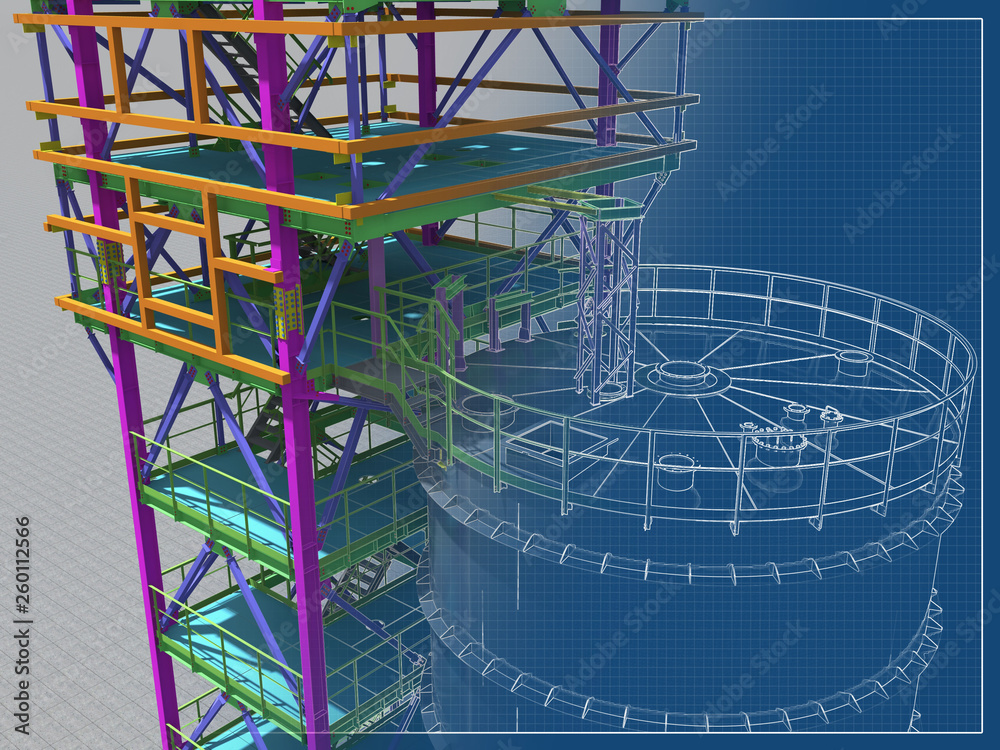 BIM model of a building with a tank made of metal structures. Drawing ...