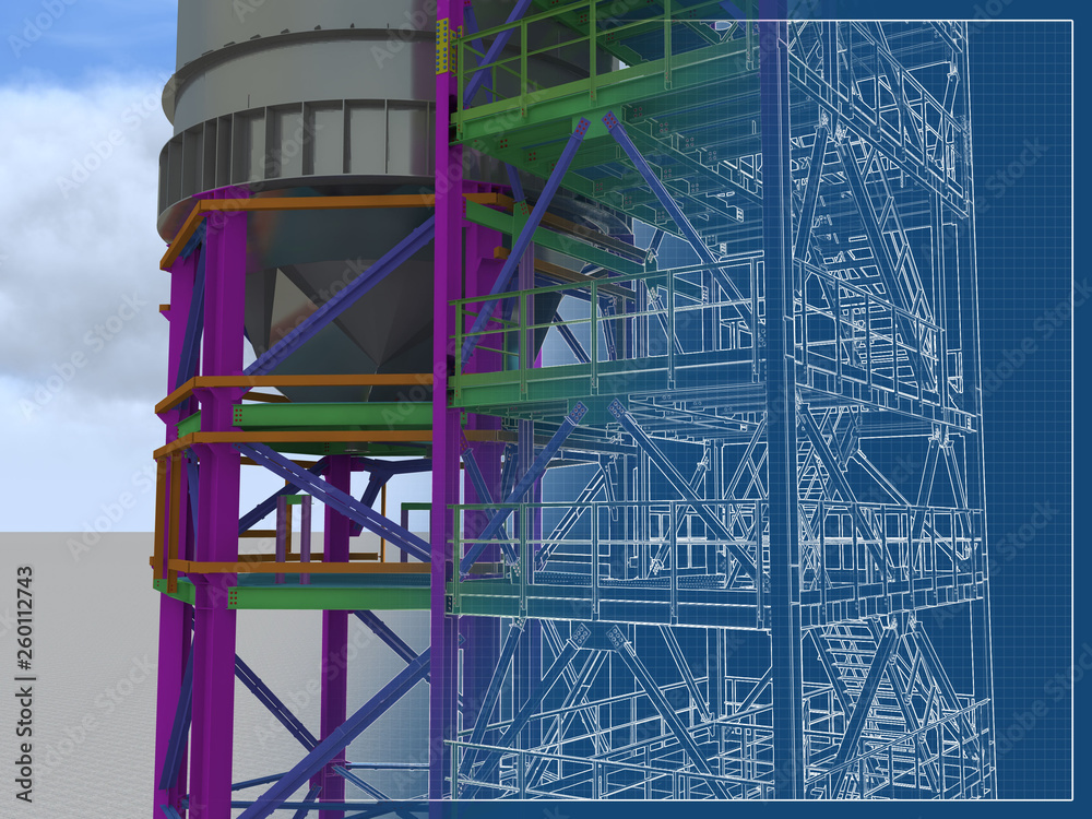 BIM model of a building with a tank made of metal structures. Drawing ...