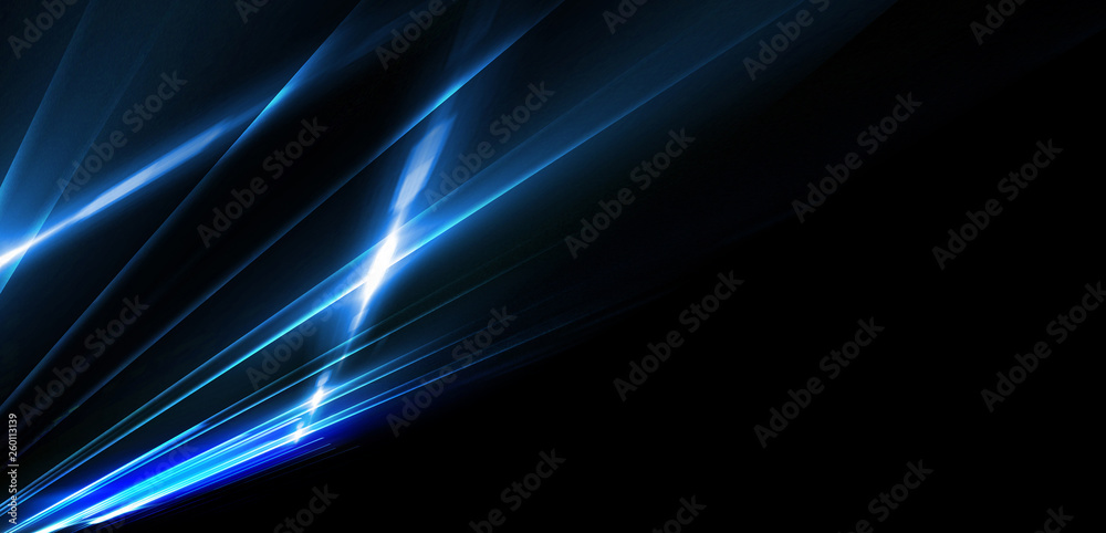 Abstract blue background with lines and rays of neon light. Reflection ...