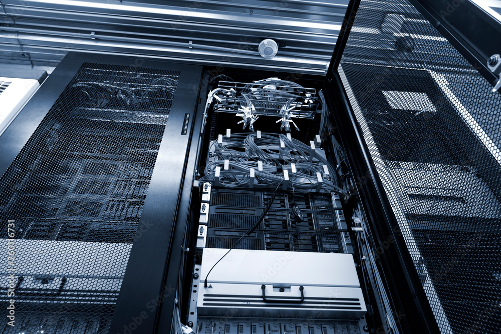 Bottom close up view server rack in big data center inside ...