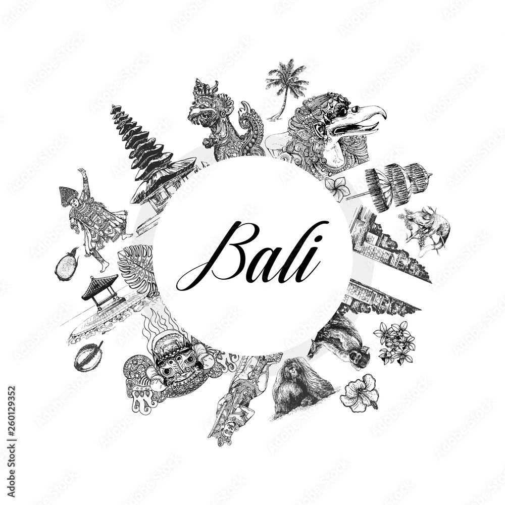 Composition of hand drawn sketch style Bali themed objects isolated on ...