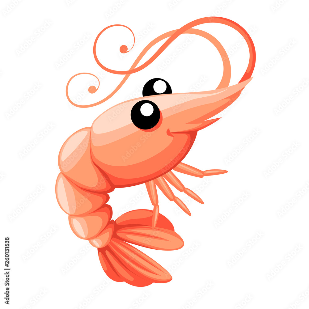 Cute shrimp. Cartoon animal character design. Swimming crustaceans. Flat vector illustration ...