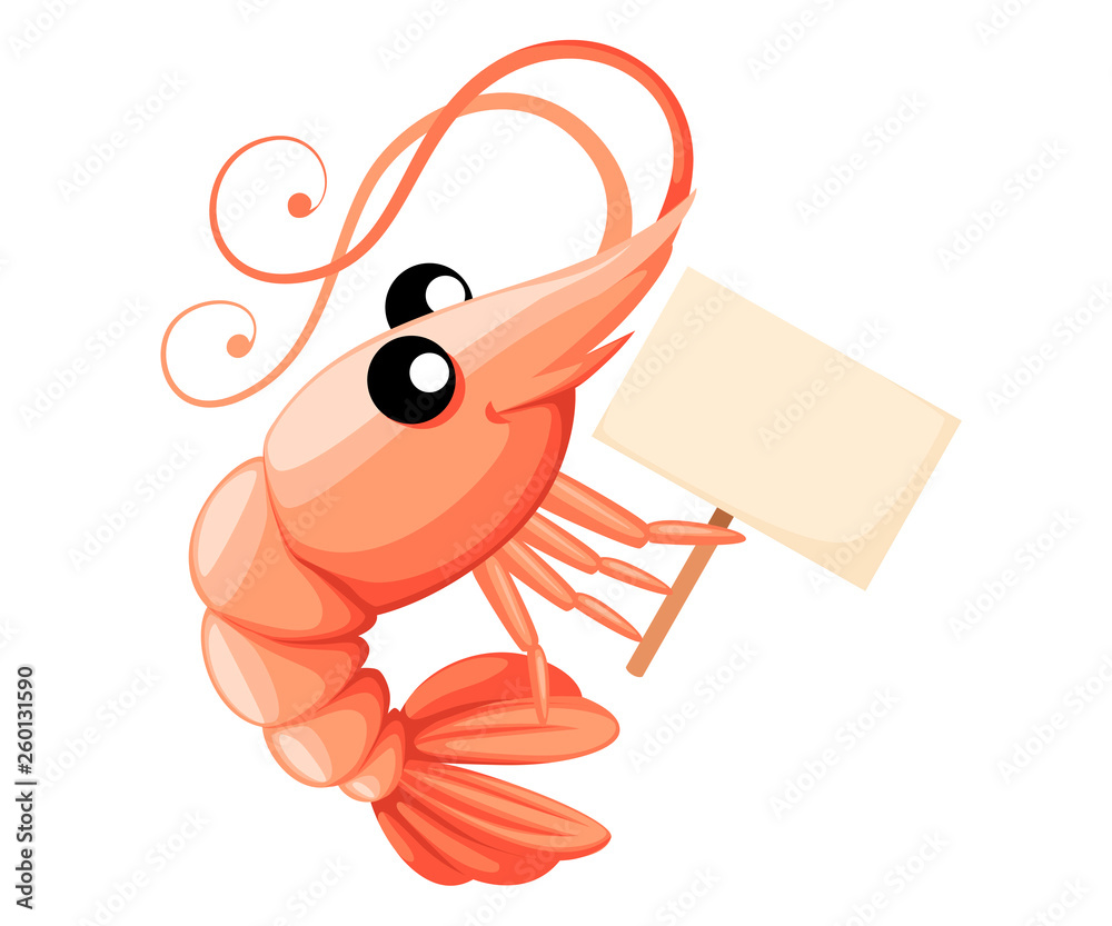 Cute shrimp holding sign. Cartoon animal character design. Swimming ...