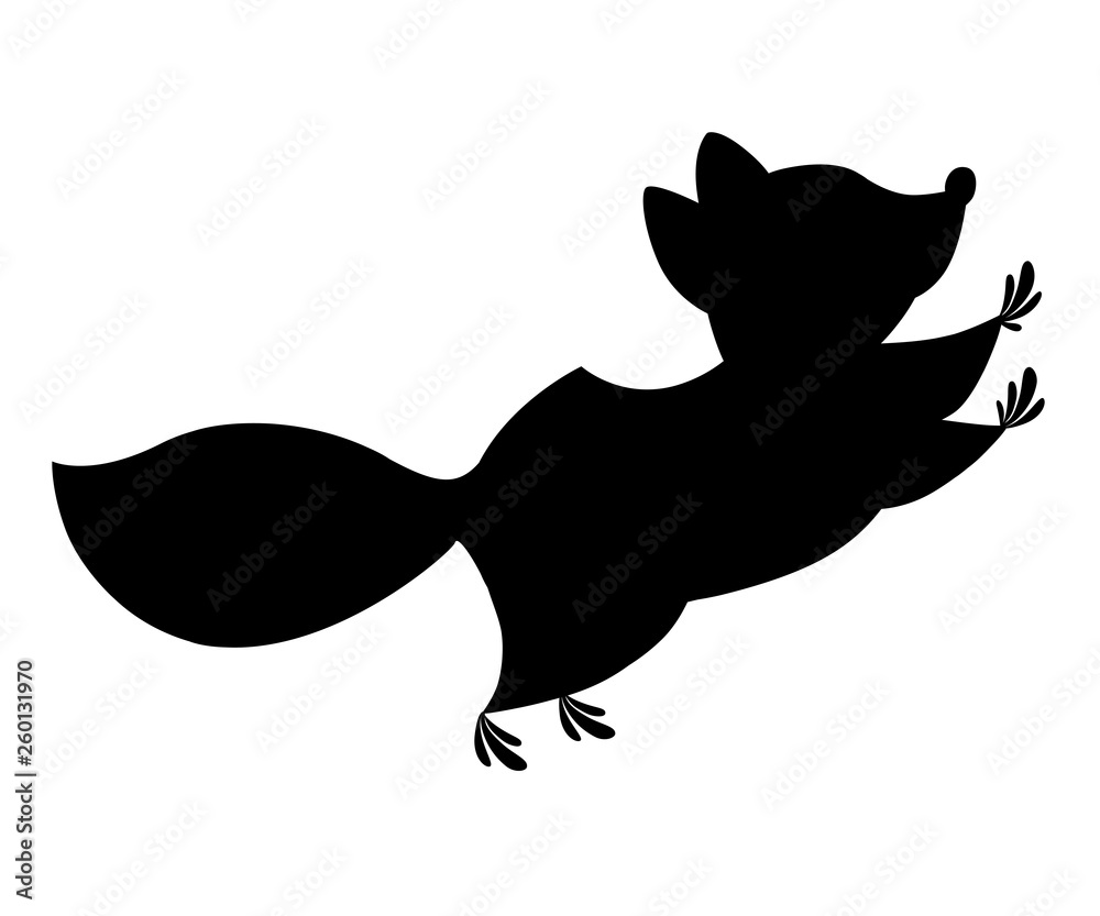 Black silhouette. Cute cartoon raccoon jumping, side view. Cartoon ...
