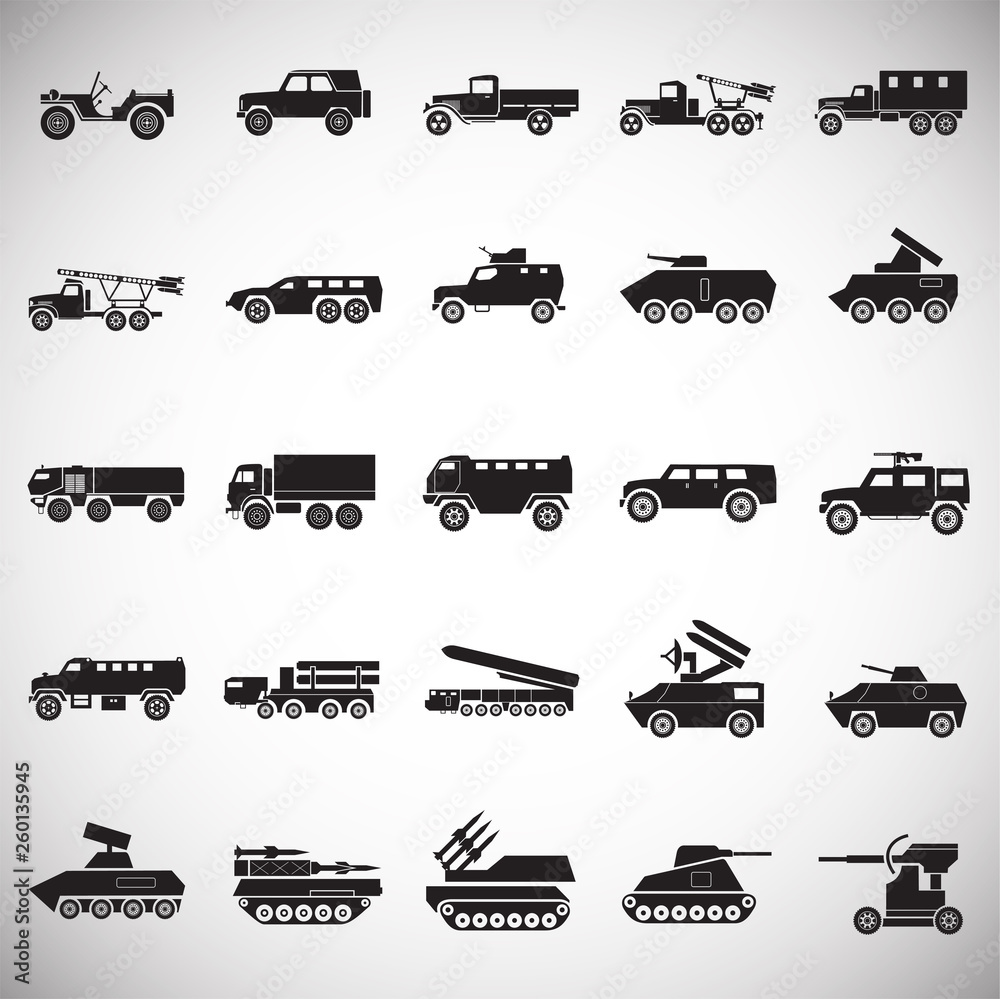 Military vehicles icons set on white background for graphic and web ...