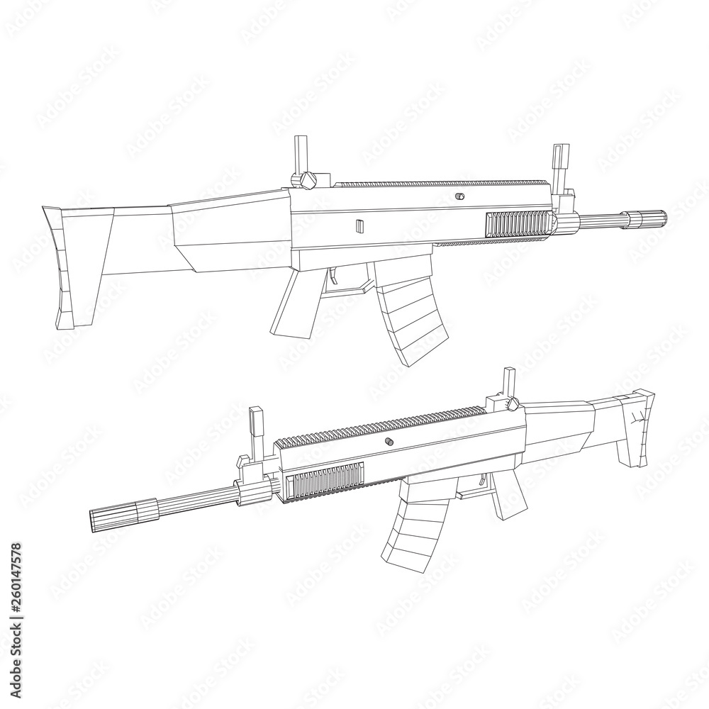 Assault rifle, automatic fire rifle model wireframe low poly mesh ...