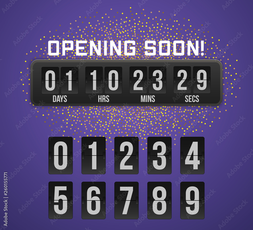 Opening soon flip clock timer countdown, Golden particles on purple ...