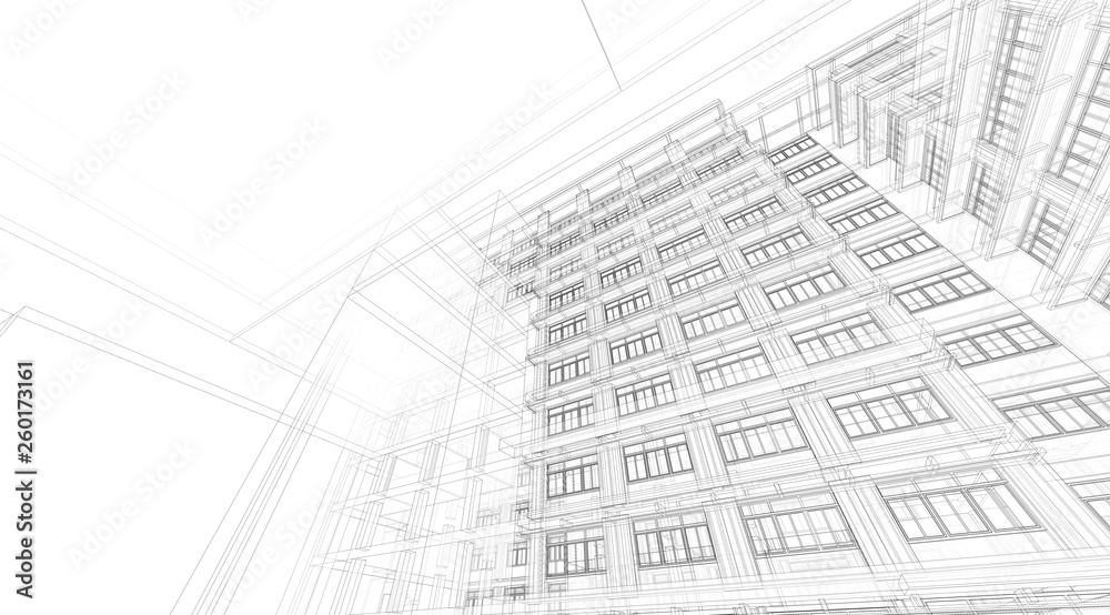 Architecture background. Perspective 3d Wireframe of building design ...