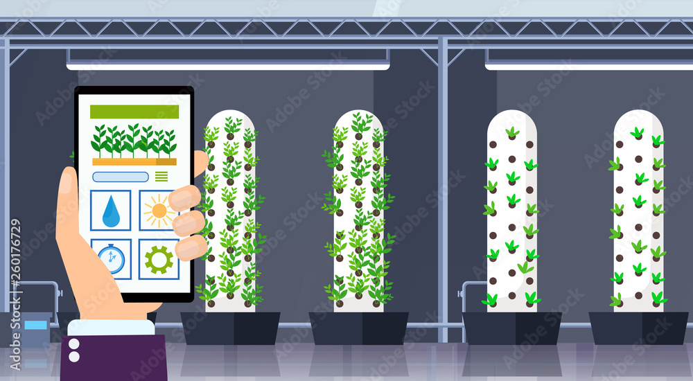 hand using mobile app smart control farming system agriculture concept ...