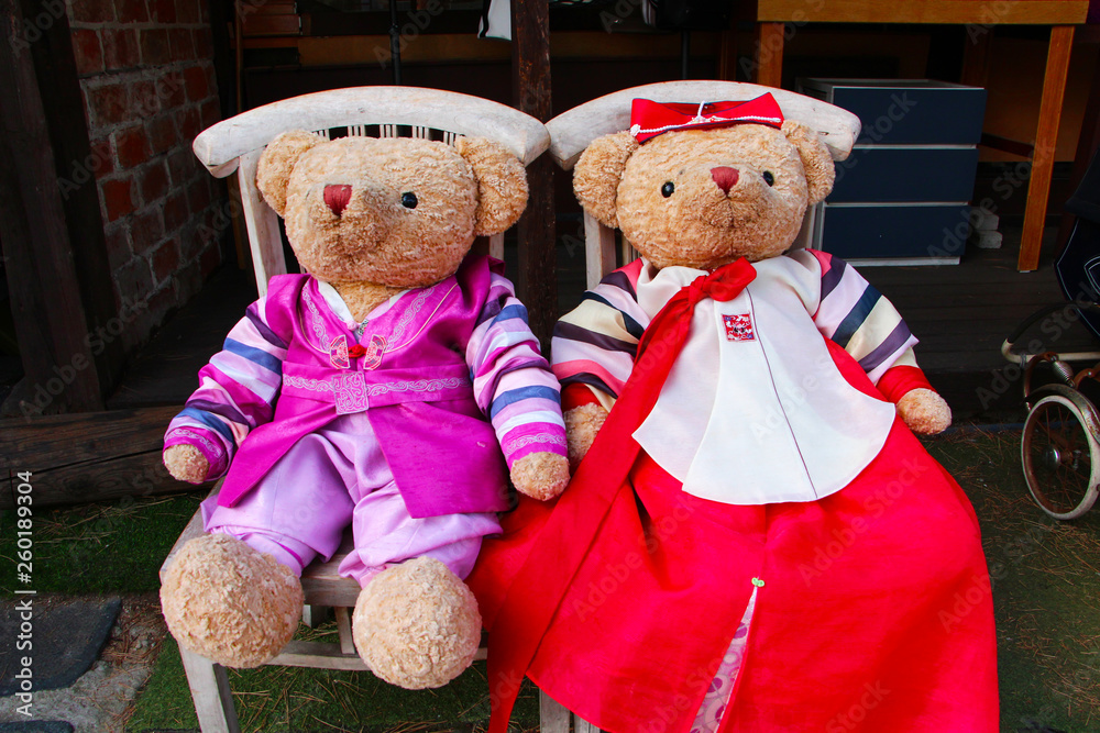 Teddy bear couple soft toy in traditional korean hanbok Stock Photo ...