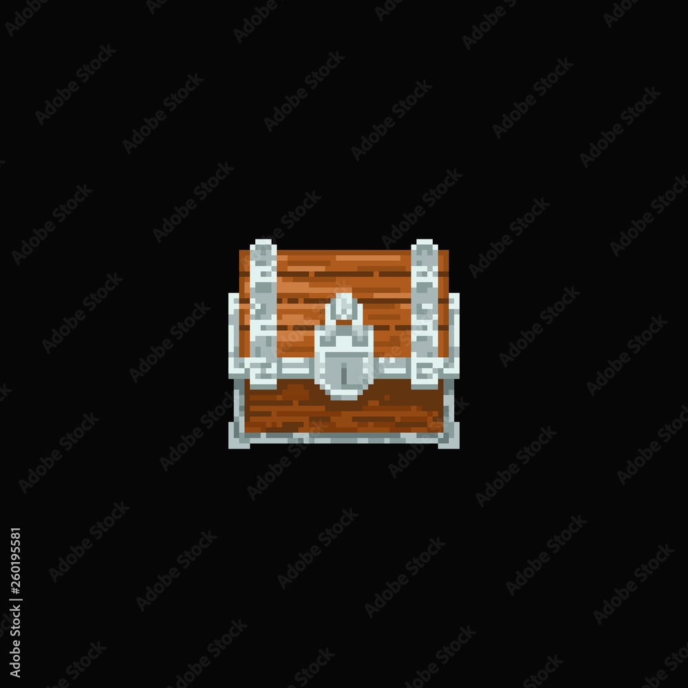 Pixel art vector illustration - pixelated wooden and metal treasure ...