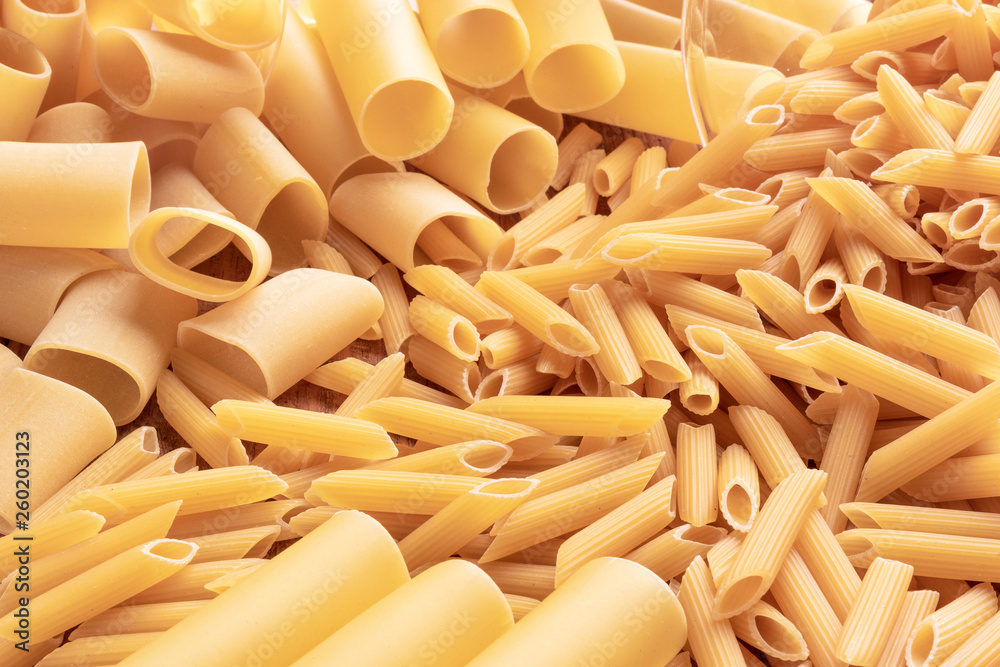 top view different types, colour of pasta and geometric shape on the ...