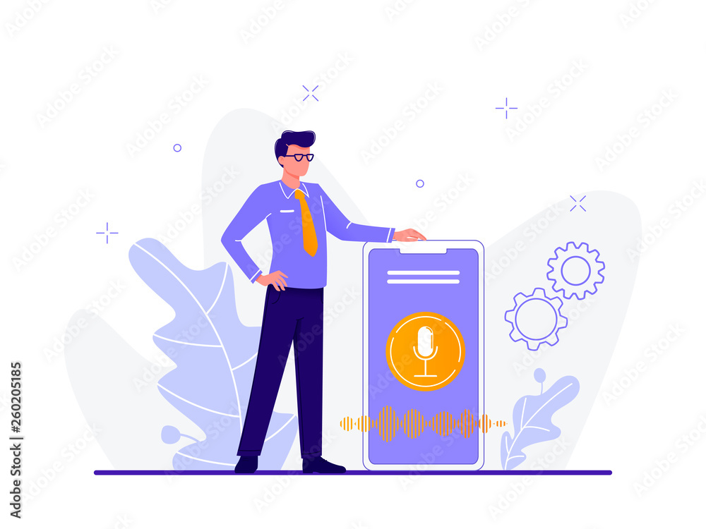 Voice assistant. Businessman near smartphone. Speaker recognition ...