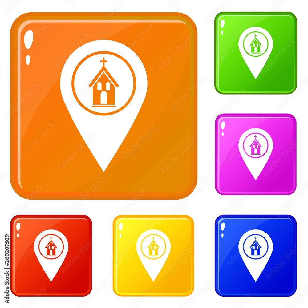 Map pointer with church, cathedral or temple sign icons set collection vector 6 color isolated ...