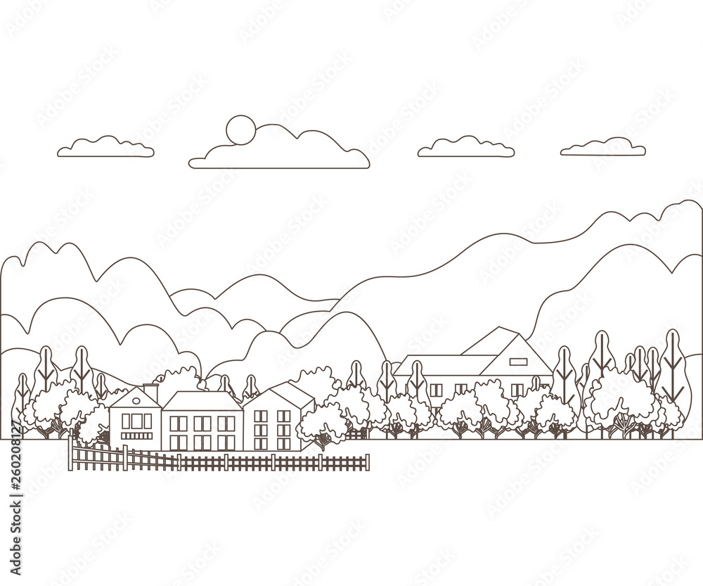 Thin line outline landscape rural farm. Panorama outdoor design village ...