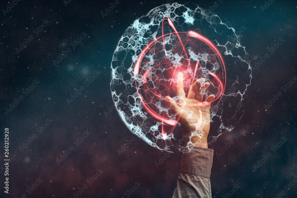 Human forefinger touches cell dividing. Mixed media. Stock Photo ...