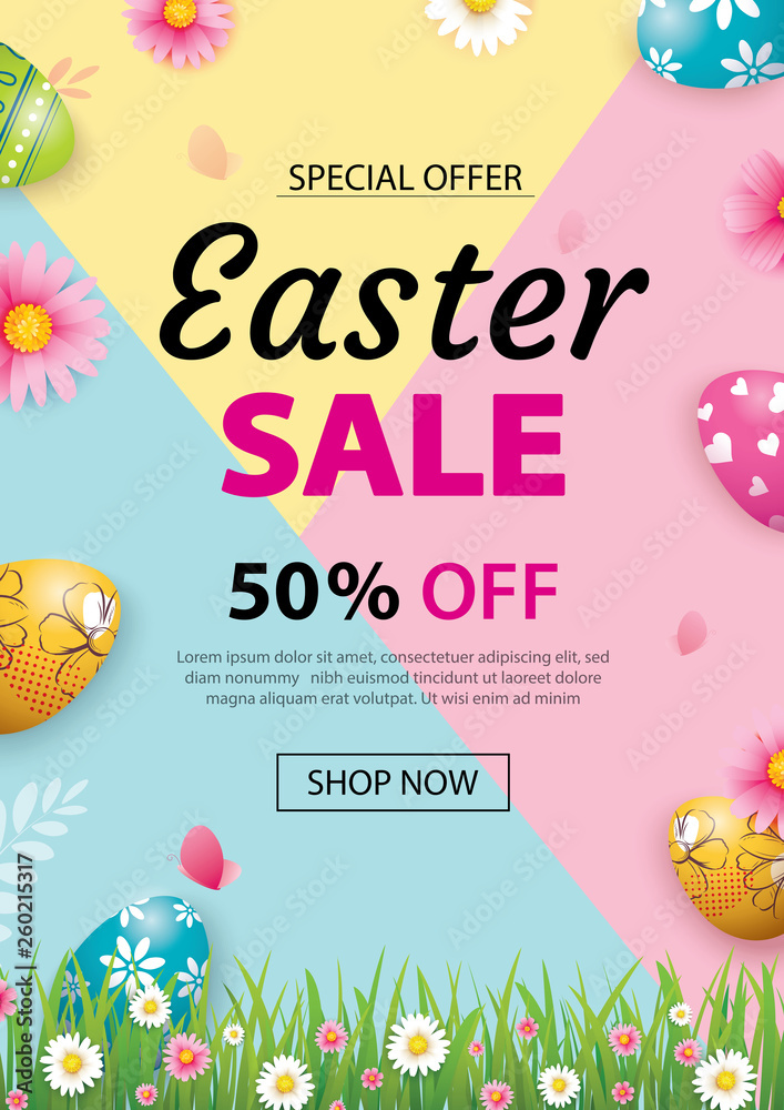 Easter sale banner design template with colorful eggs and flowers. Use ...