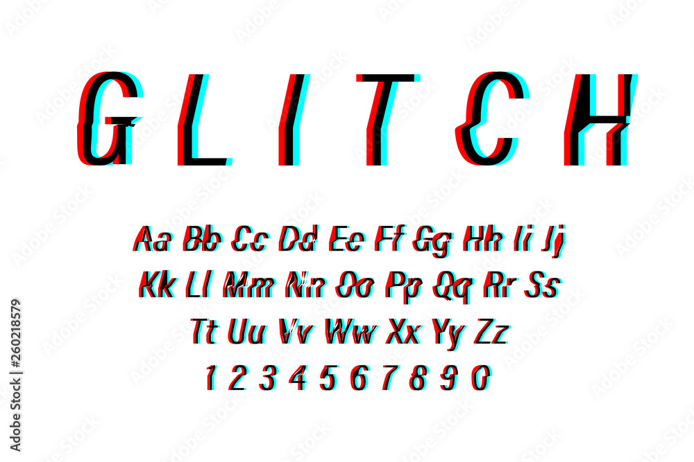 Glitch font on white background. Alphabet letters with numbers in ...