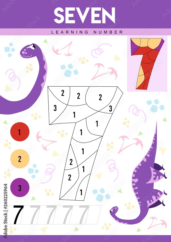 Vecteur Stock Learn numbers 7 with dino. Seven. Kids learn to count ...