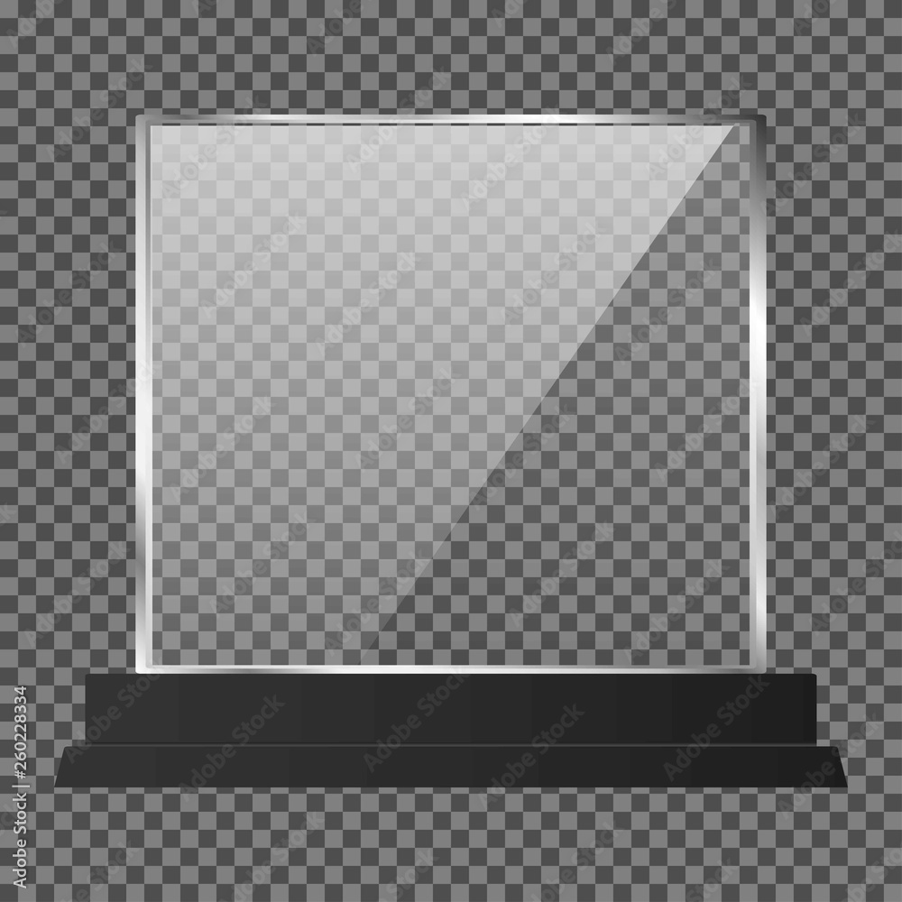 Vetor de Glass table display. Office transparent glass table signs ...