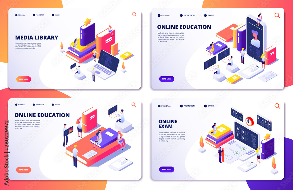 Online education, training, library, exam vector landing page templates ...