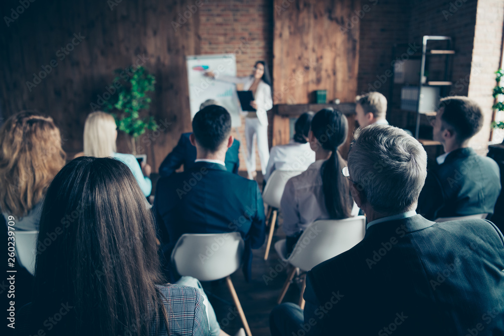 Rear back behind view of elegant stylish sharks executive managers ...
