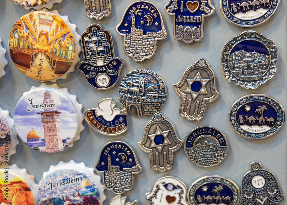 Hamsa magnets with israel symbols for sale at old market. Jerusalem ...