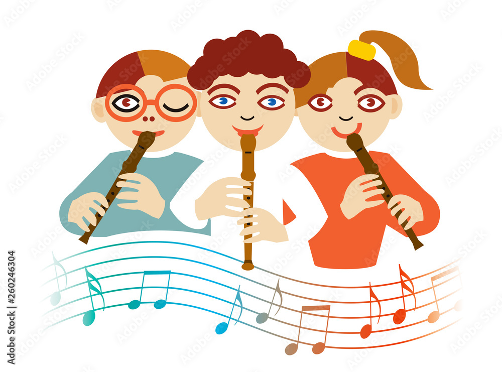 Children playing on the flute. Illustration of three children playing ...