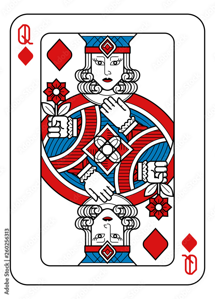 A playing card Queen of Diamonds in red, blue and black from a new ...