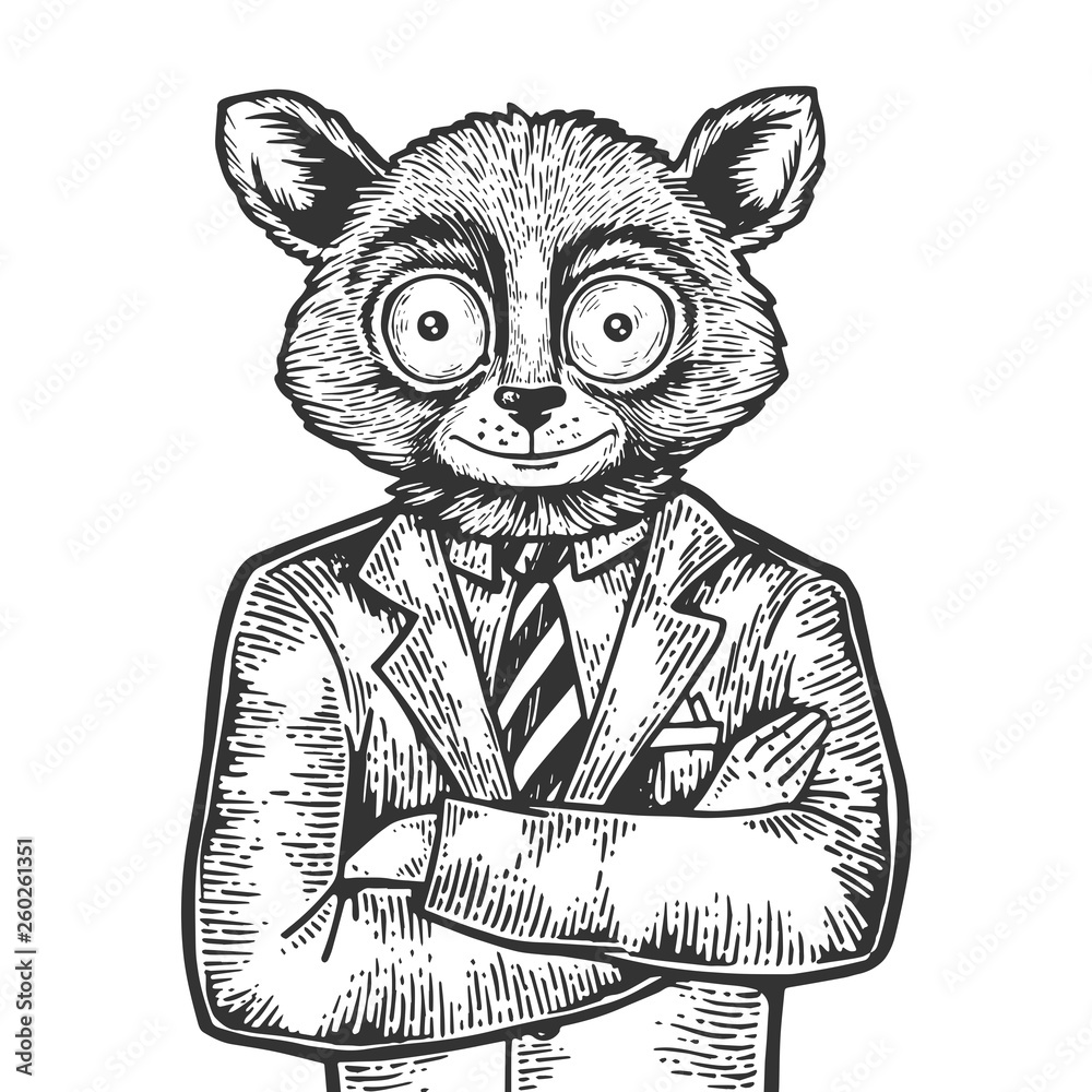 Tarsier head businessman sketch engraving vector illustration. Scratch ...