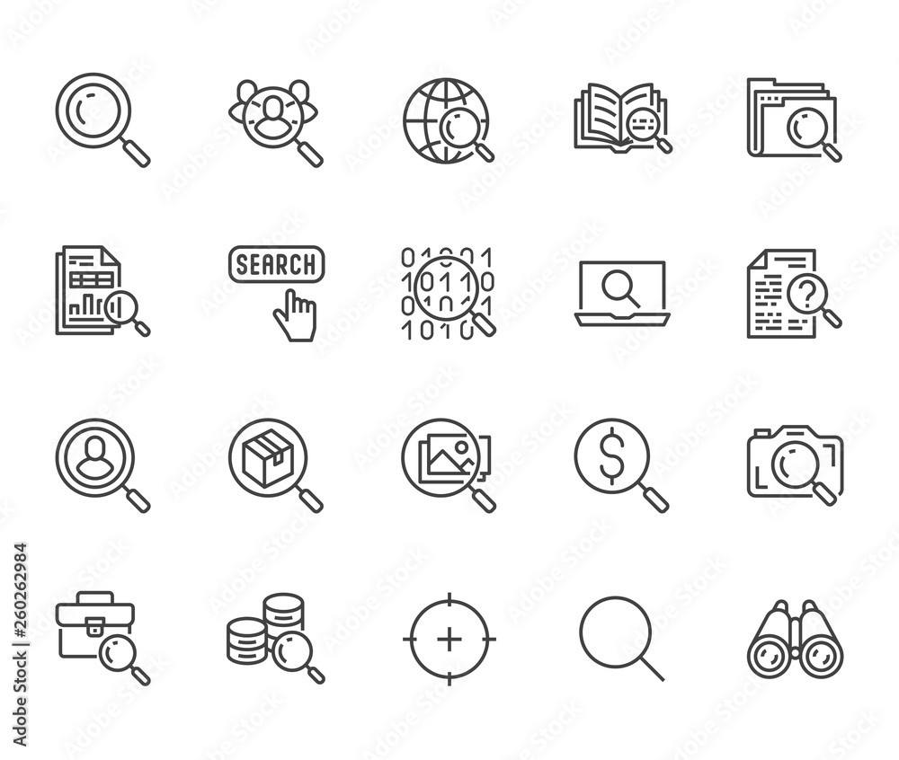 Data search flat line icons set. Magnify glass, find people, image zoom ...