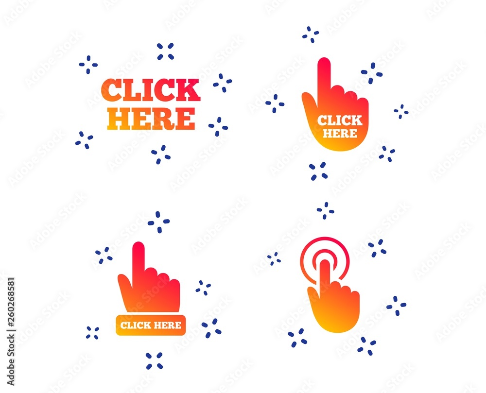 Click here icons. Hand cursor signs. Press here symbols. Random dynamic ...