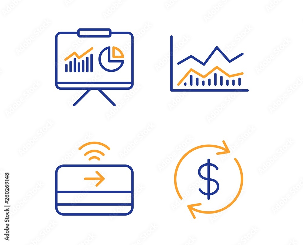 Presentation, Trade infochart and Contactless payment icons simple set ...