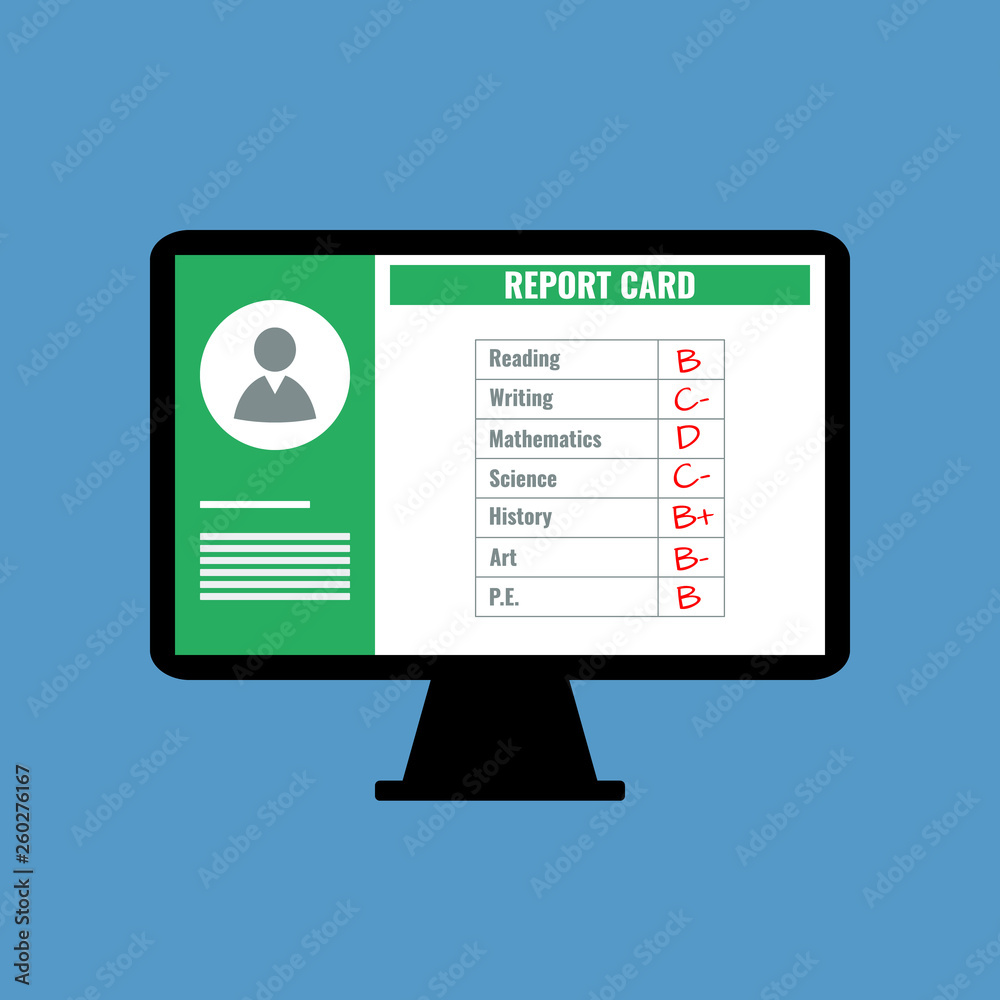 online school report card with B C D grades, flat design vector ...
