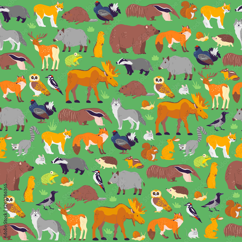 Vector flat seamless pattern with wild forest animals and birds ...