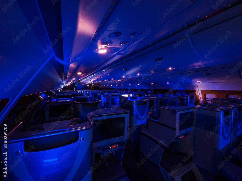Night flight in Business class cabin of Airbus A380 in Emirates Airline ...