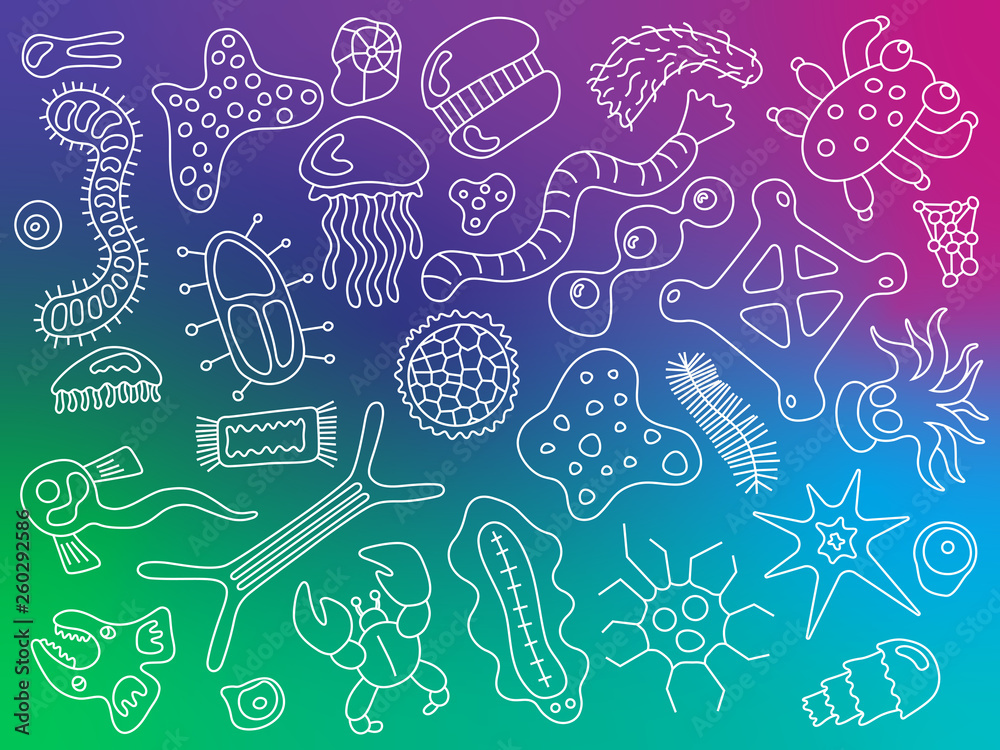 Various microorganisms on colorful gradient background pattern ...