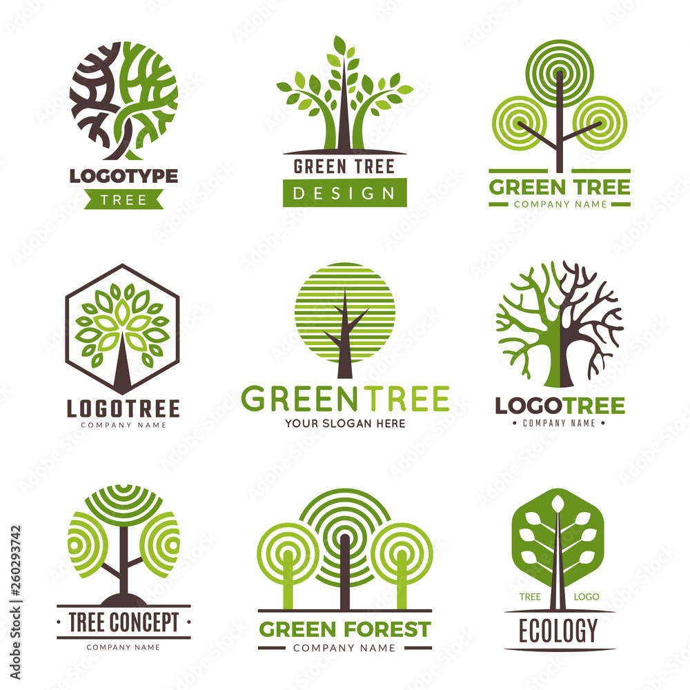Tree logotypes. Eco green symbols wood stylized trees plants vector ...